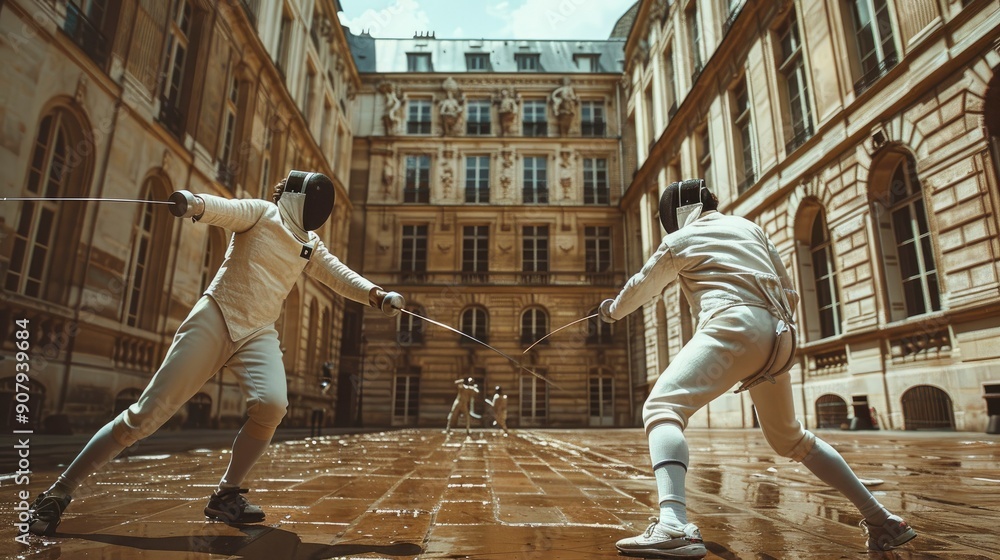 An artistic shot of a fencing match taking place in a historic Parisian ...