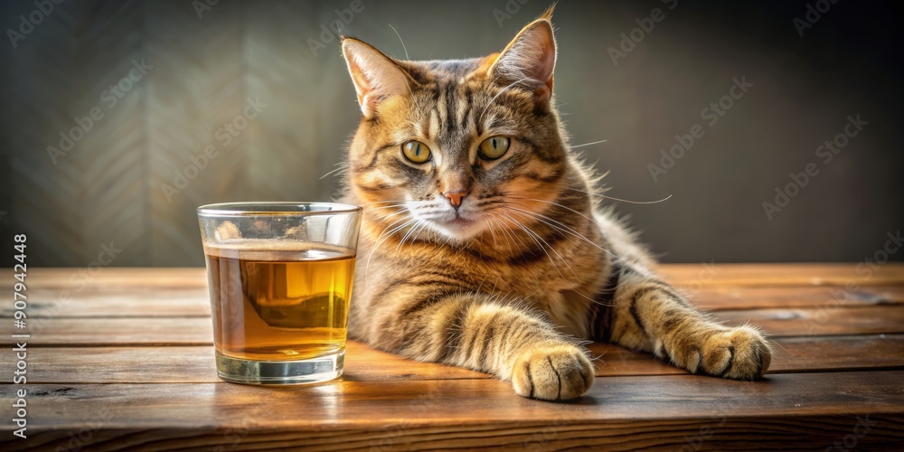 Relaxed feline sits on wooden table, paw holding cold beverage, tilted ...