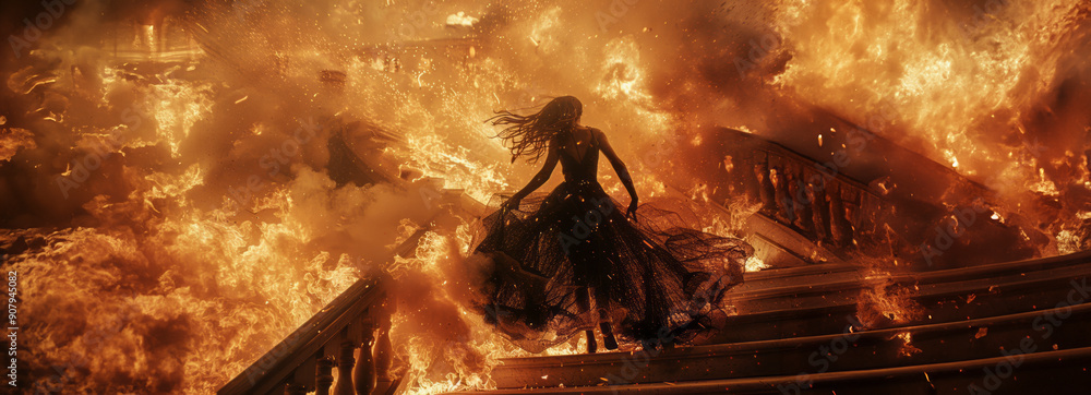 Woman in elegant black gown fleeing up stairs as flames rage behind her ...