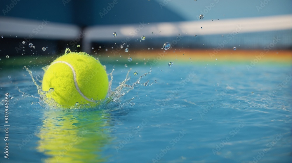Tennis Ball Splashing into Pool, A yellow tennis ball creates a dynamic ...
