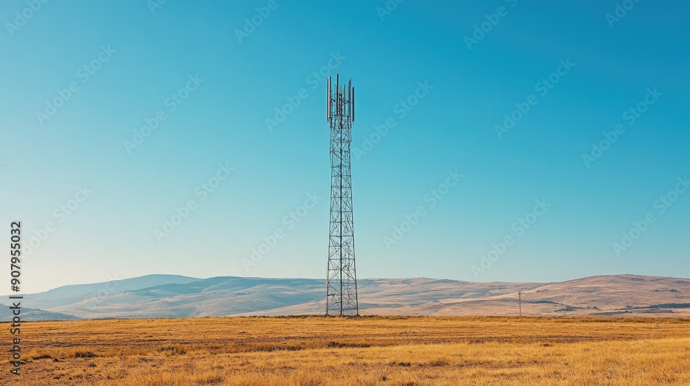 A tall telecommunications tower with multiple antennas against a clear ...