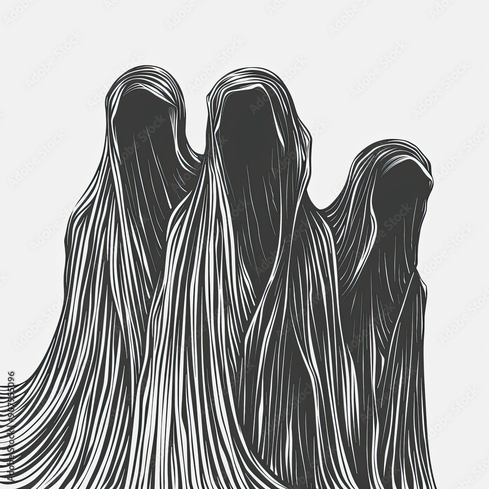 A black and white painting of a multitude of faceless cloaked figures ...