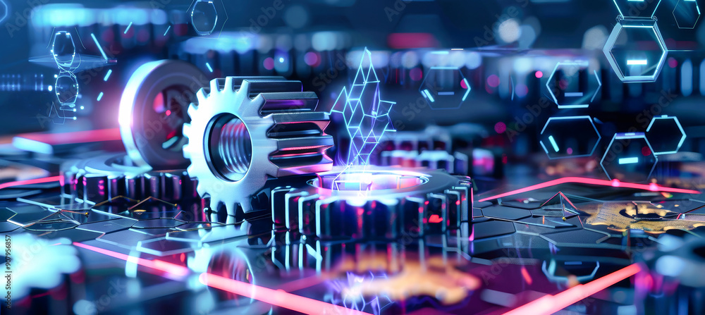 Interlocking gears spin within a digital landscape of holographic data ...