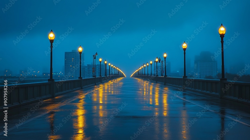 Dusk, Empty bridge in the rain reveals wet surface reflecting ...