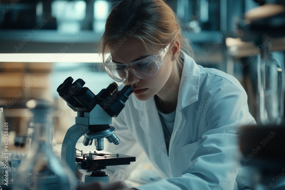 Female biochemist using microscope while working on scientific research ...