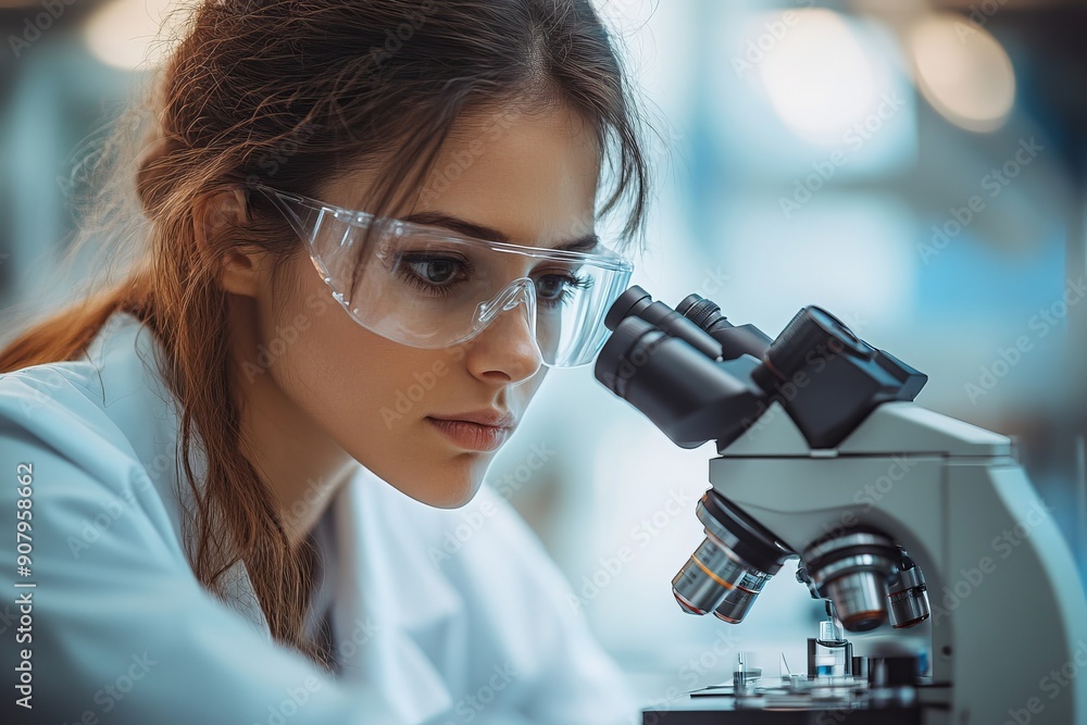 Female biochemist using microscope while working on scientific research ...