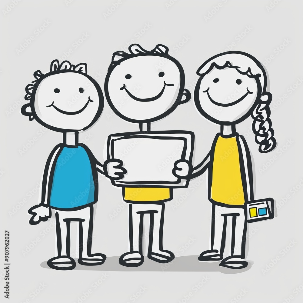 Delightful animated stick figure characters gather to share a creative ...