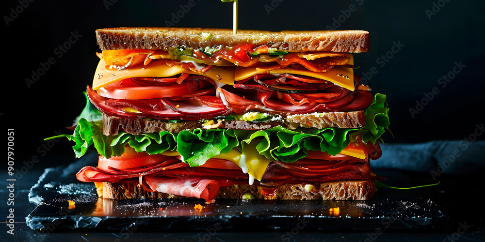Imagen horizontal de un emparedado de jamón con queso y vegetales en un ...