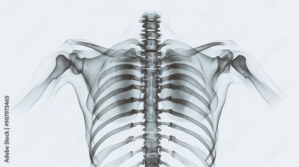 An anatomical illustration of a human skeleton, showcasing the rib cage ...
