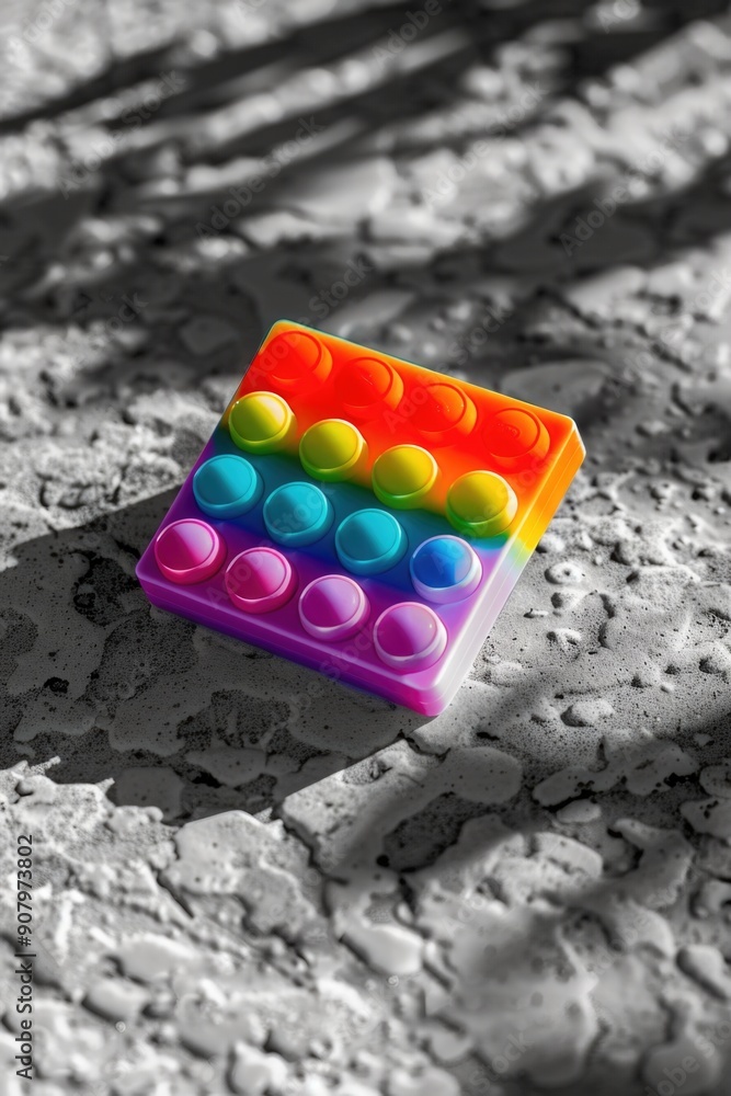 A colorful toy with a rainbow pattern sits on a grey surface. The toy ...