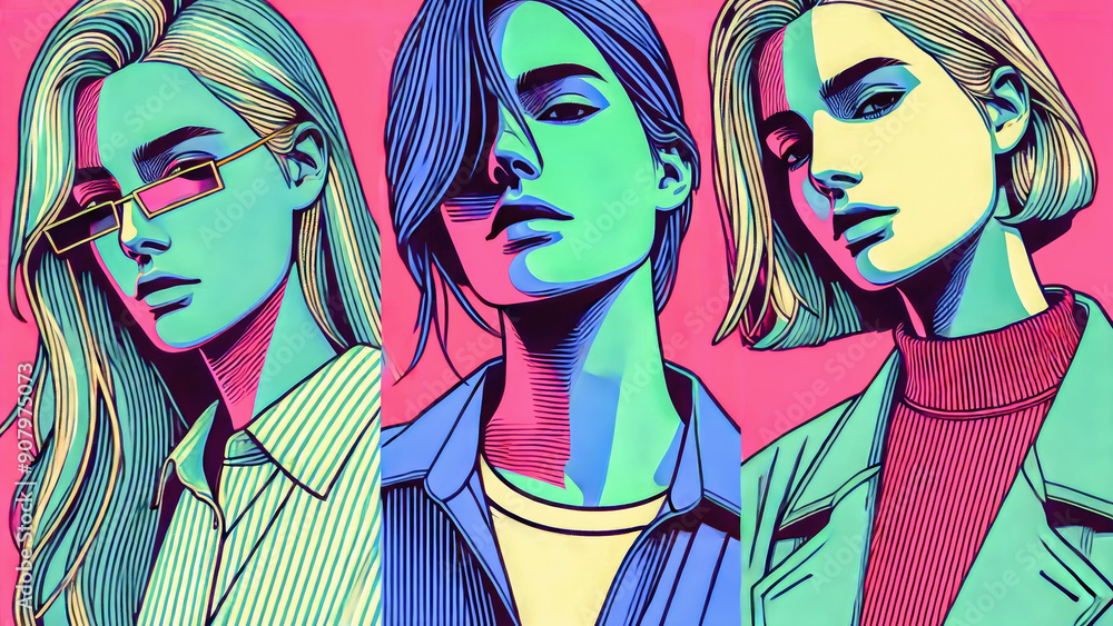 Three women in vibrant, neon-colored pop art style portraits with bold ...