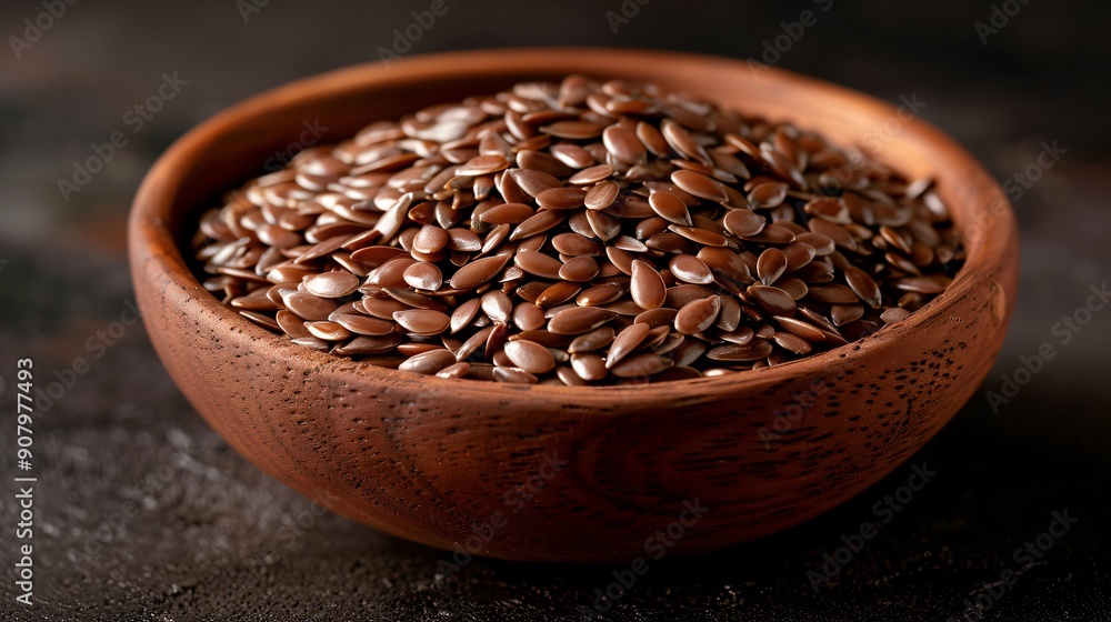 Brown flax seeds are shown in a bowl, these seeds are rich in omega 3 ...