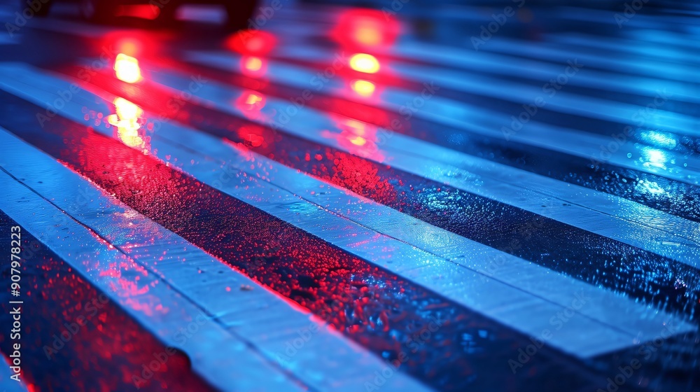 Shimmering wet crosswalk at night with red and blue lights reflecting ...