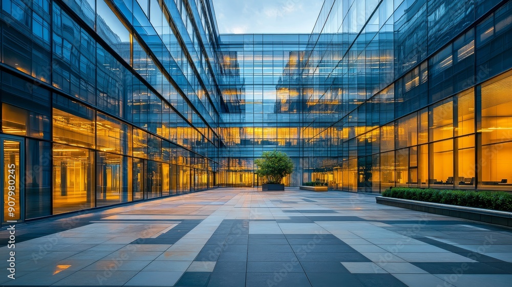A modern office building courtyard with a glass facade and illuminated ...