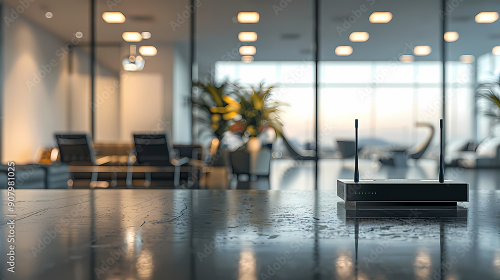 A sleek black wifi router sits on a table in a modern office, providing ...