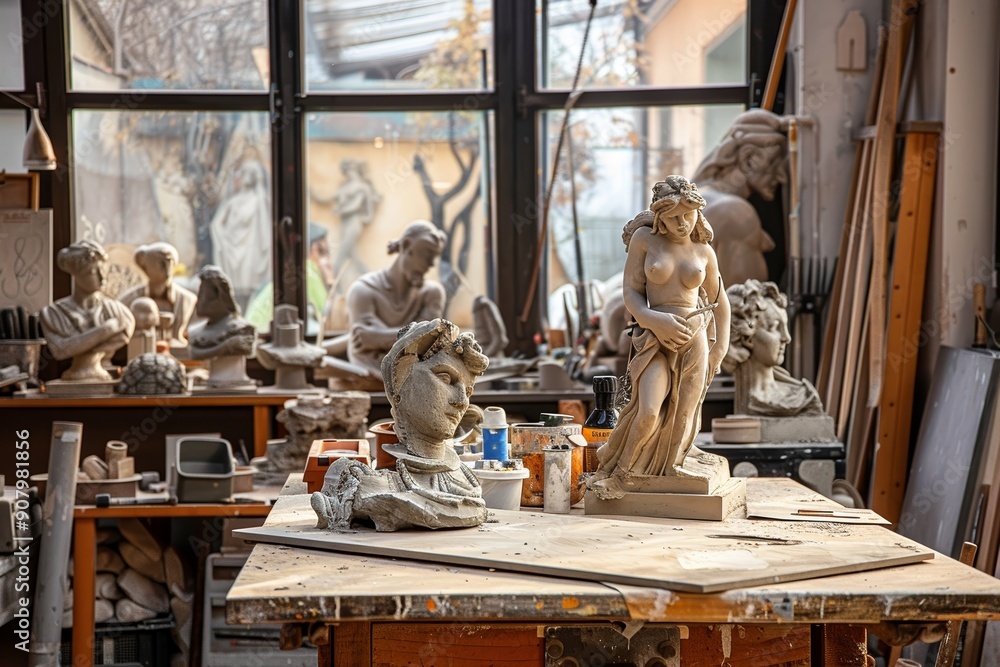 A photo of a set of sculpting tools and a clay model on a workbench in ...