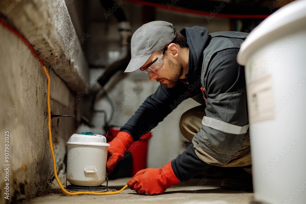 Detailed view of a pest control technician setting up a bait station ...
