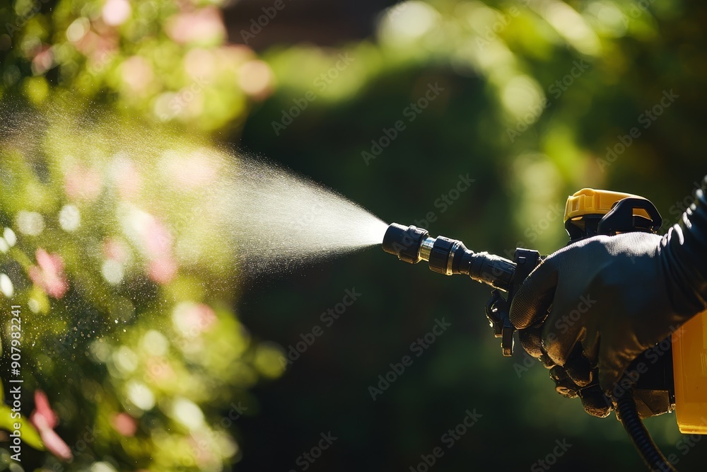 Close-up of a handheld pesticide sprayer being used on a home garden to ...