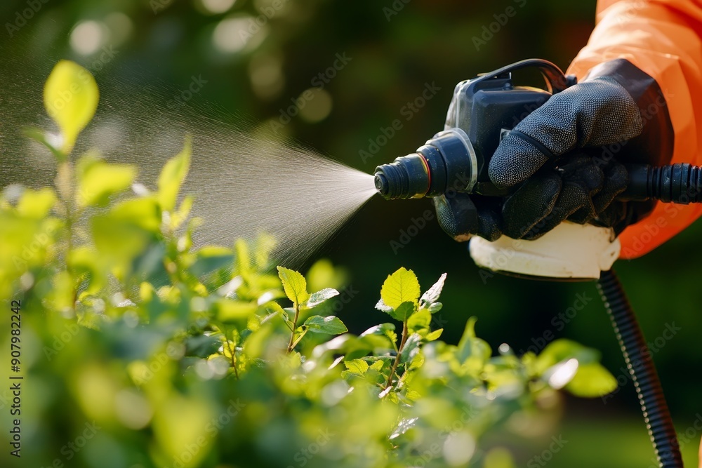 Close-up of a handheld pesticide sprayer being used on a home garden to ...