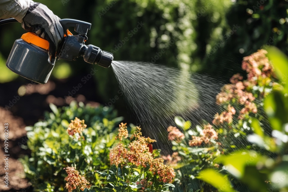 Close-up of a handheld pesticide sprayer being used on a home garden to ...