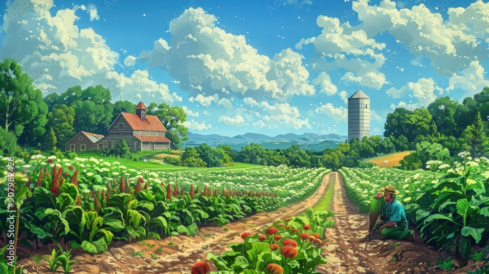 Rows of various organic crops stretch out across a sprawling farm, with ...
