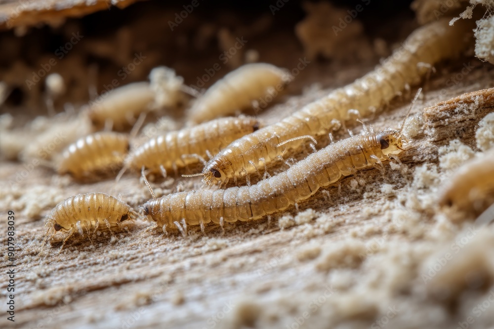 Macro shot of larvae detected during a professional woodworm treatment ...
