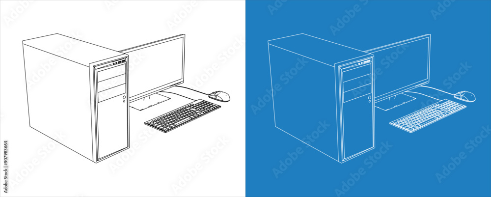 Computer PC technical wireframe outline Illustration isolated on ...