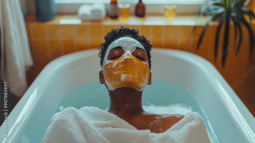 A woman is enjoying a relaxing bath with a face mask on. She is lying ...