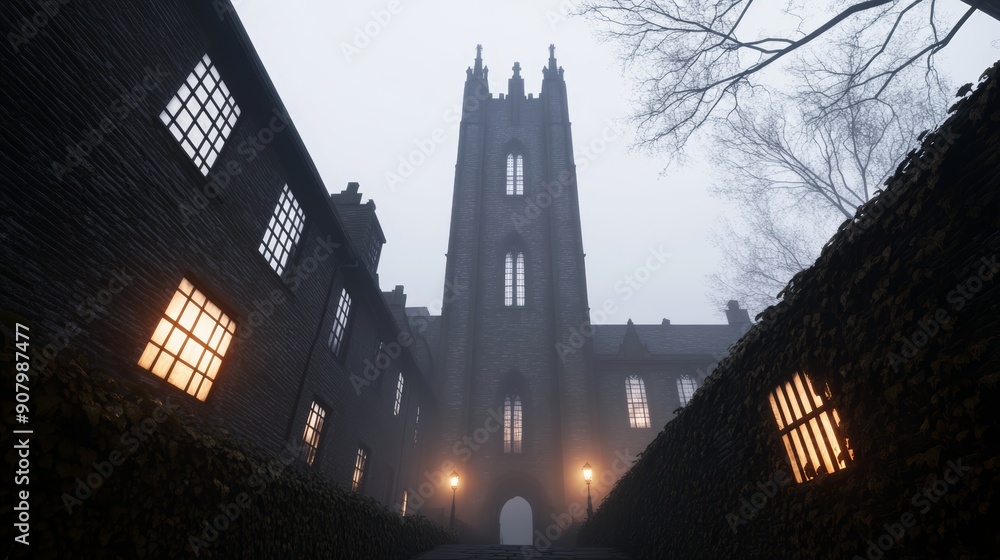 Ancient gothic town at twilight, dark stone buildings with sharp spires ...