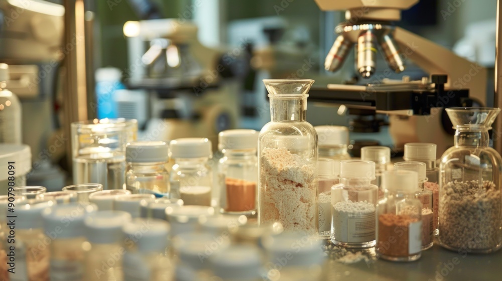 A scientific laboratory bench with various chemical powders in small ...