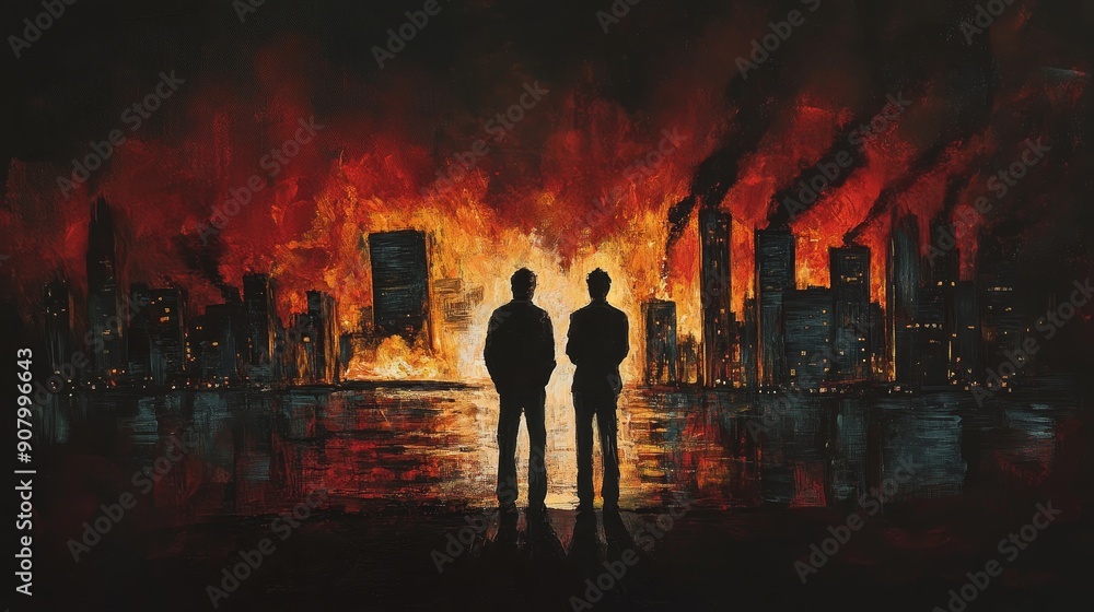 The image depicts two figures standing in silhouette against a backdrop ...