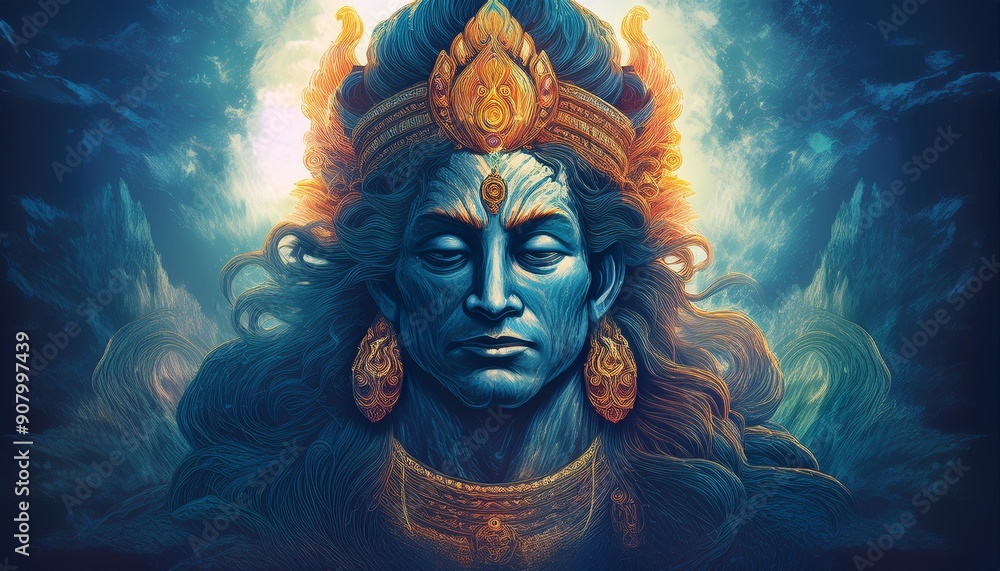 Lord Vishnu is typically depicted with a serene and compassionate ...