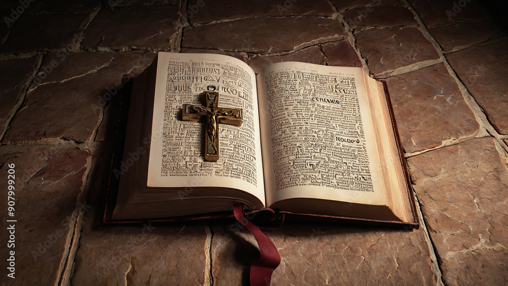 Book of Romans. Open bible revealing the name of the book of the bible in a epic cinematic ...