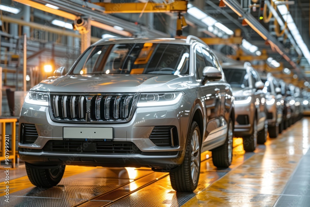 SUVs on an assembly line in an automotive factory. Car manufacturing ...