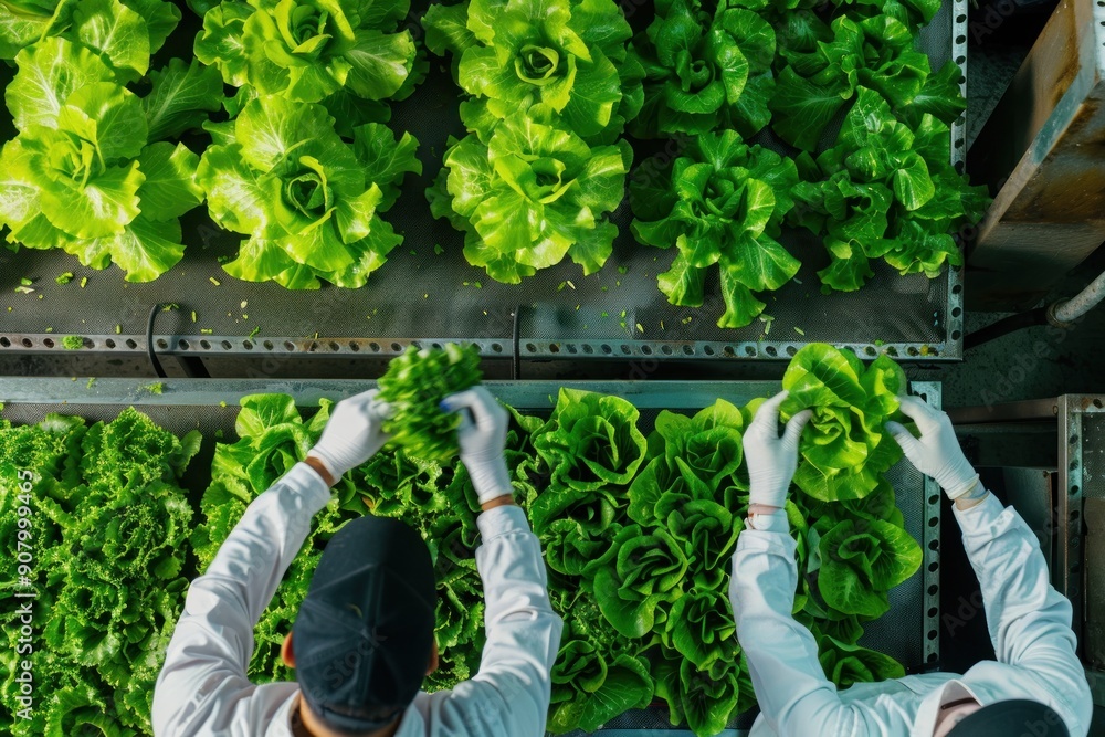 top view Efficient Lettuce Sorting. Two farm workers in a vertical farm ...