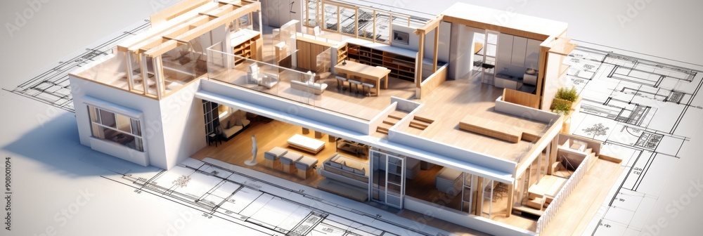 vision of architecture of a 3d model house project with blueprint Stock ...