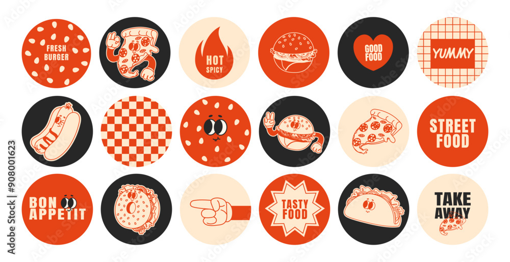 Fast food stickers. Cartoon patches with funny food characters. Groovy ...