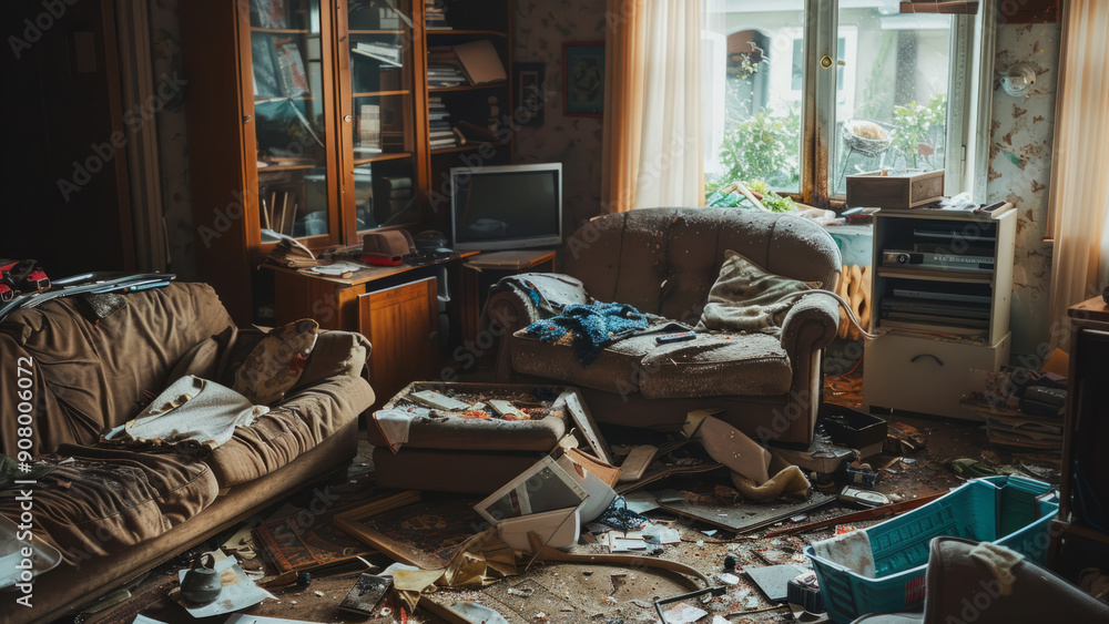 Cluttered Living Room in Disarray with Signs of Neglect Stock Photo ...