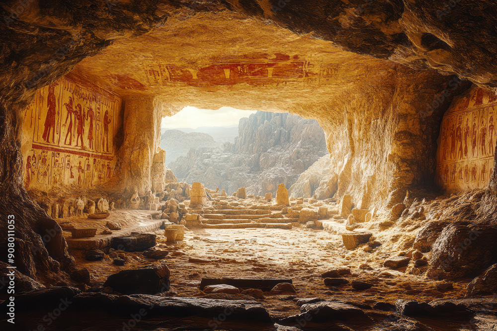 Artistic rendering of a cave with ancient rock paintings and carvings ...