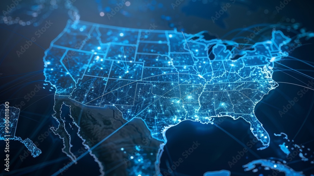 United States map connected by glowing lines. Stock Illustration ...