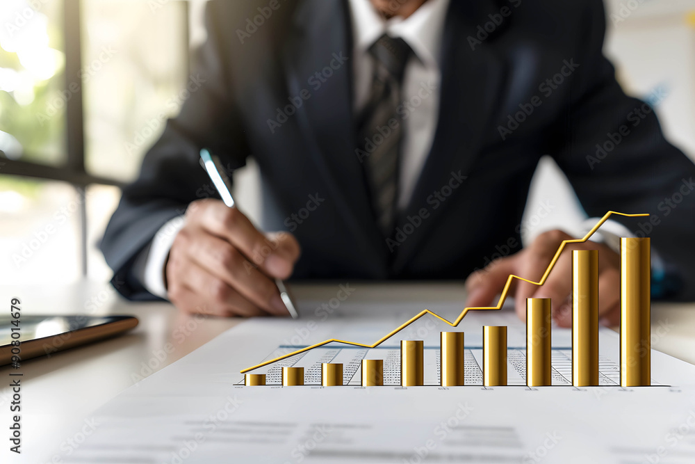 Businessman and a gold bar chart that’s trending upwards, represents ...