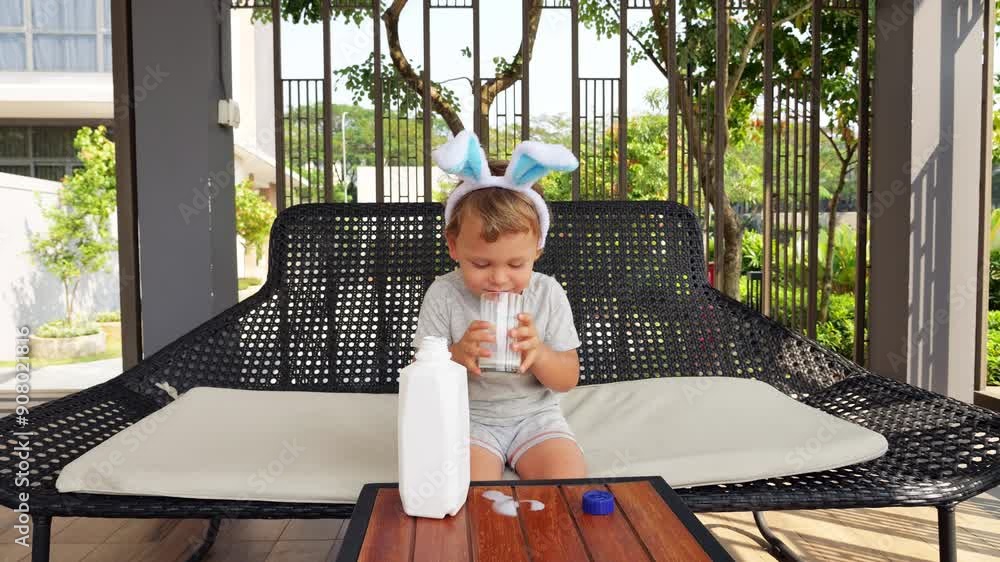 Cheerful little boy pours small amount of milk from plastic bottle into ...