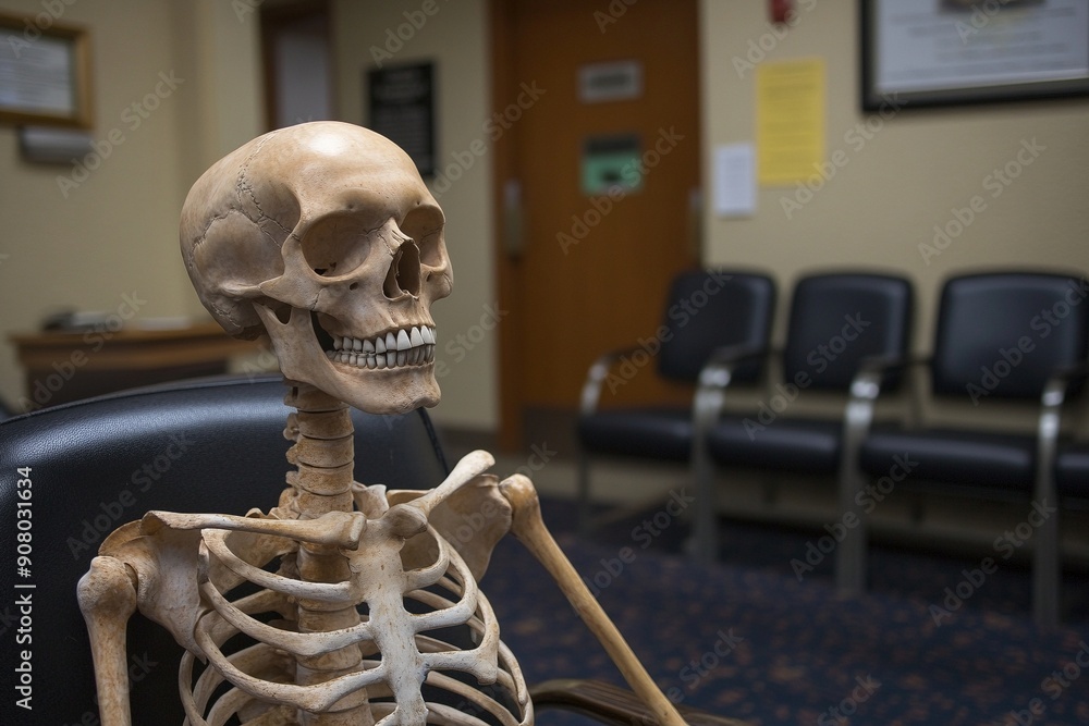 Esqueleto en una sala de espera vacía que simboliza largas esperas y paciencia Stock Photo ...