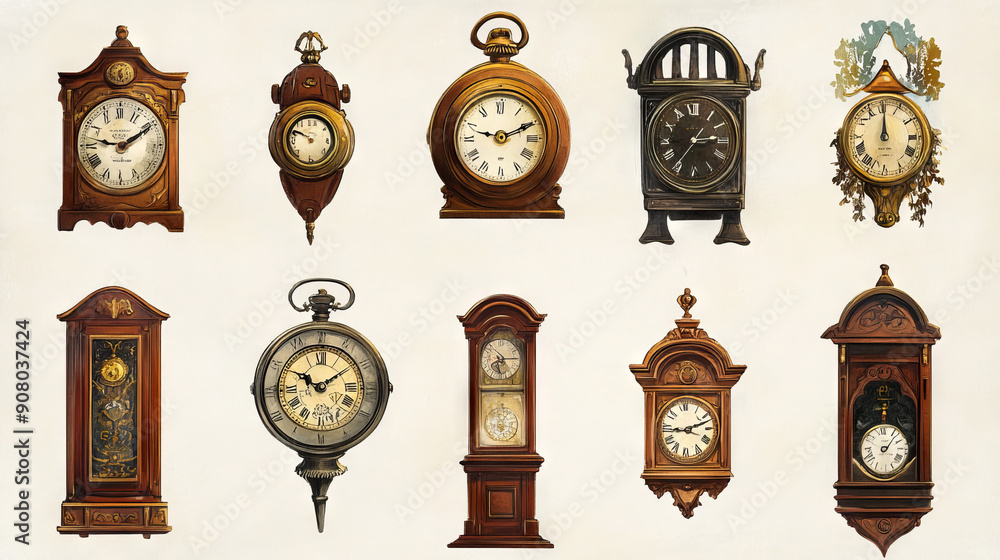 Depict a range of clocks, including antique grandfather clocks, elegant ...