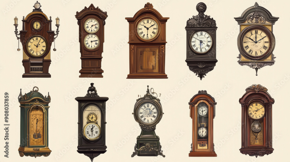 Depict a range of clocks, including antique grandfather clocks, elegant ...