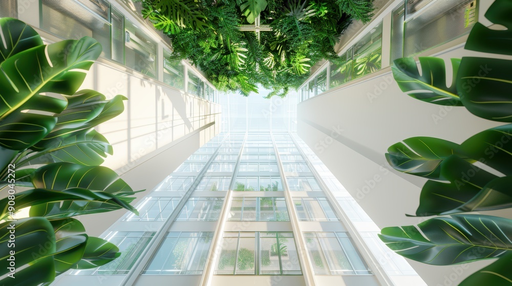 Design an awe inspiring visual of a skyscraper's atrium, highlighting ...