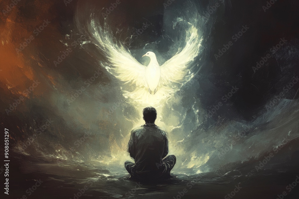 Pentecost concept art. Glowing white dove of the holy spirit descending ...