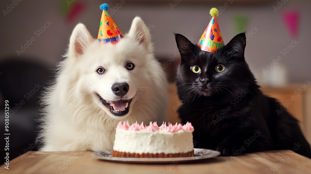 Dog and cat birthday party cake. A white dog and a black cat celebrate ...