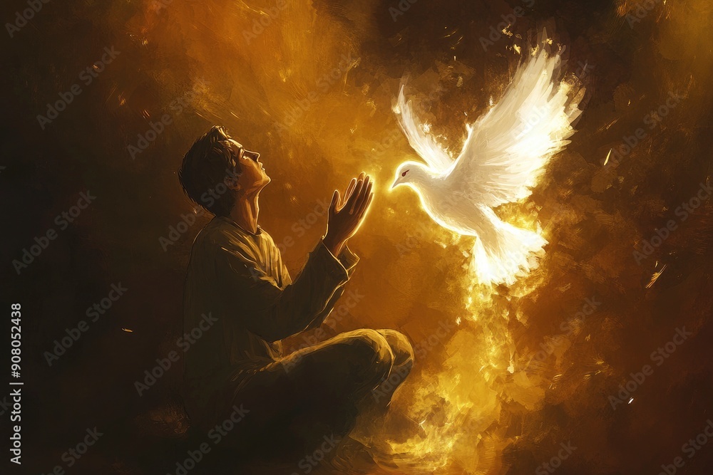 Pentecost concept art. Glowing white dove of the holy spirit descending ...