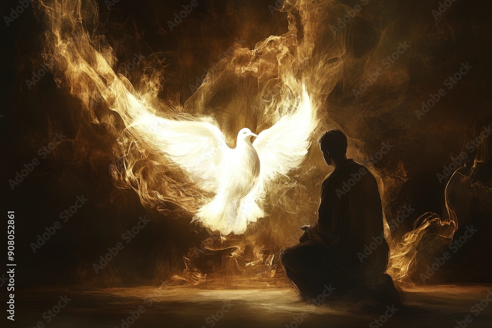 Pentecost concept art. Glowing white dove of the holy spirit descending ...